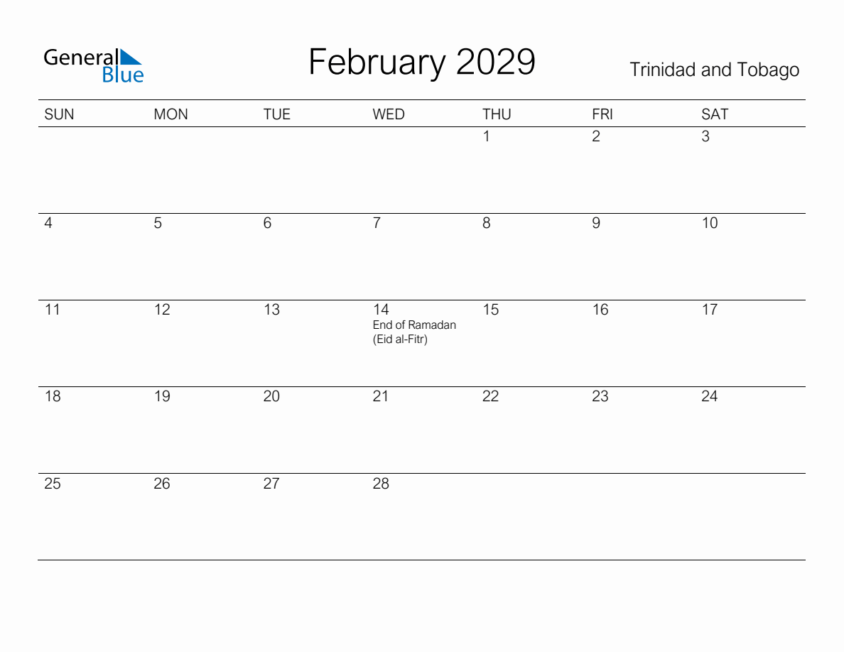 Printable February 2029 Monthly Calendar with Holidays for Trinidad and ...