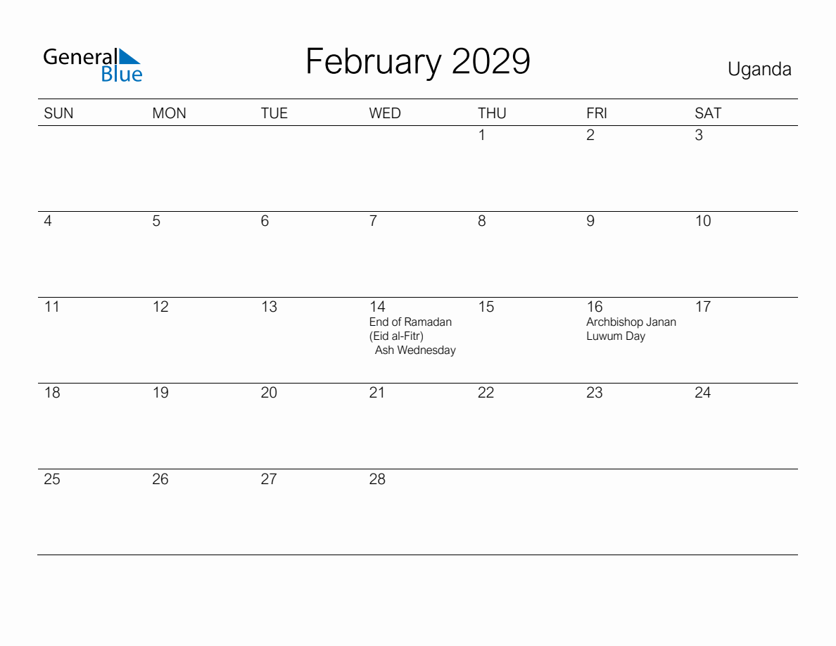 Printable February 2029 Monthly Calendar with Holidays for Uganda