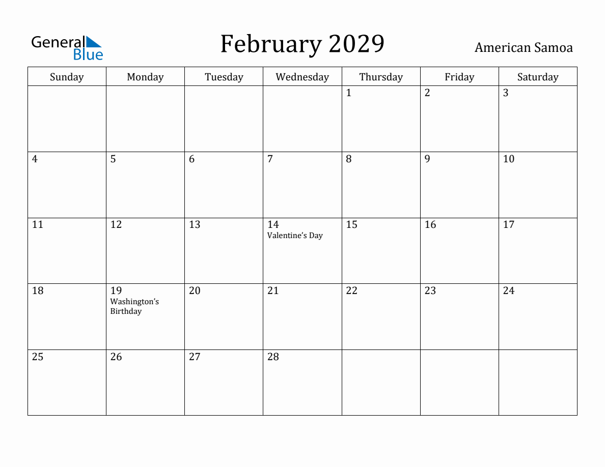 February 2029 Monthly Calendar with American Samoa Holidays