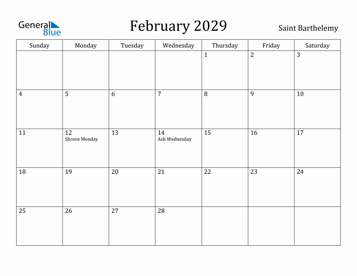 February 2029 Monthly Calendar with Saint Barthelemy Holidays