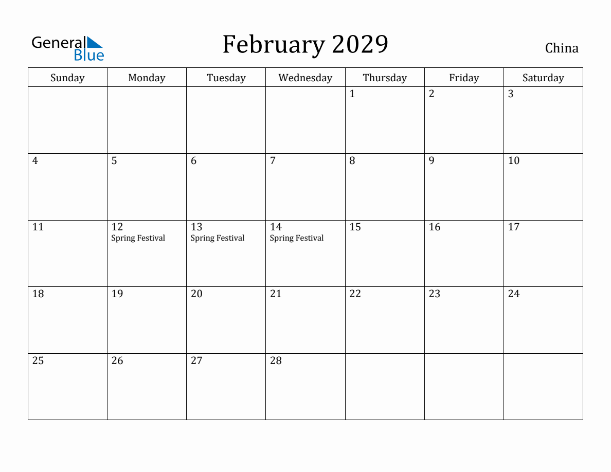 February 2029 Monthly Calendar with China Holidays