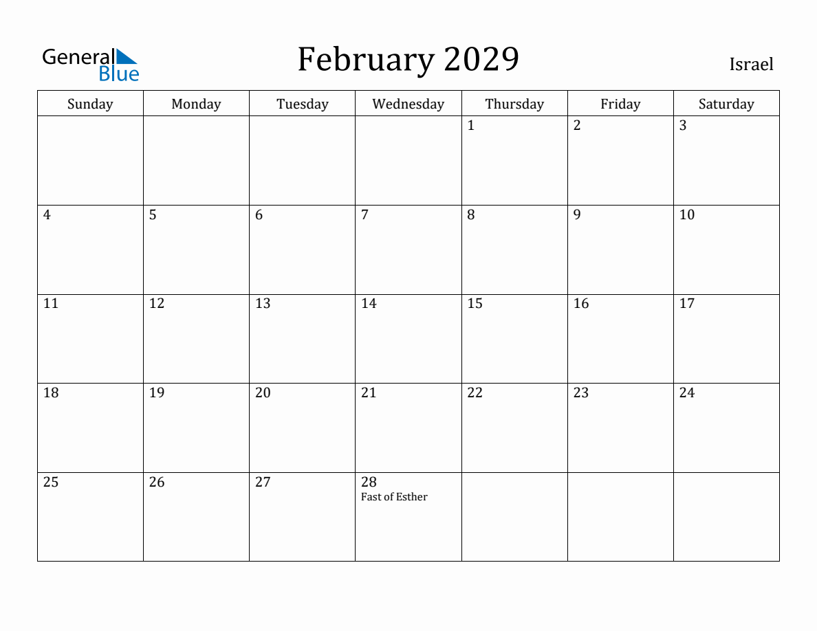 February 2029 Monthly Calendar with Israel Holidays