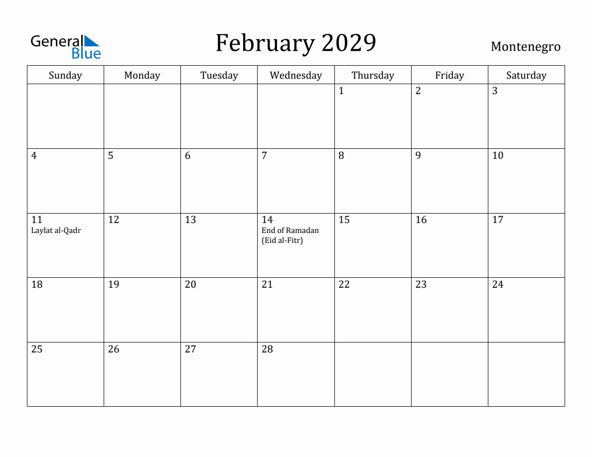 February 2029 Monthly Calendar with Montenegro Holidays