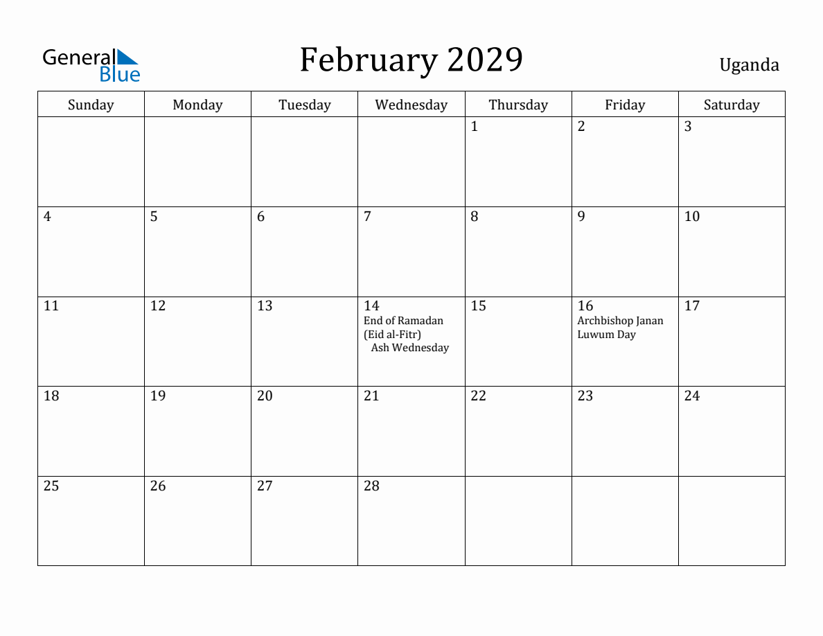 February 2029 Monthly Calendar with Uganda Holidays