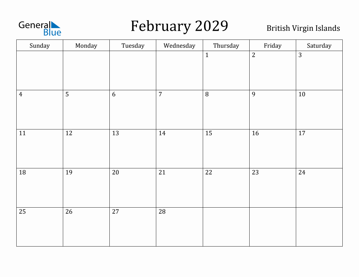 February 2029 Monthly Calendar with British Virgin Islands Holidays