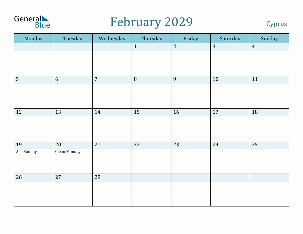 Cyprus Holiday Calendar for February 2029 (Monday Start)