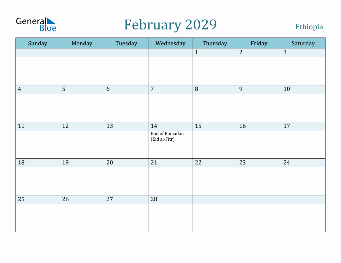 Ethiopia Holiday Calendar for February 2029