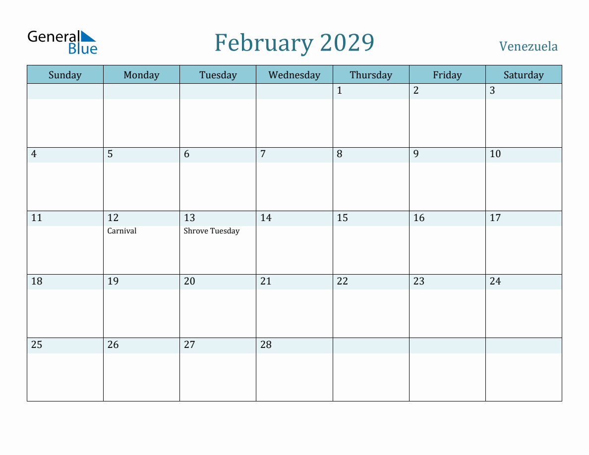 Venezuela Holiday Calendar for February 2029