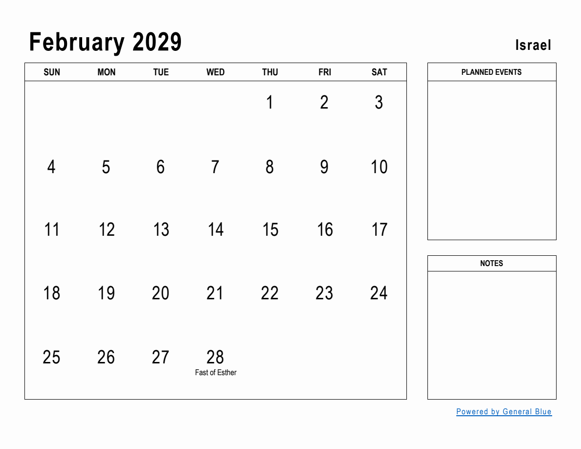 February 2029 Planner with Israel Holidays