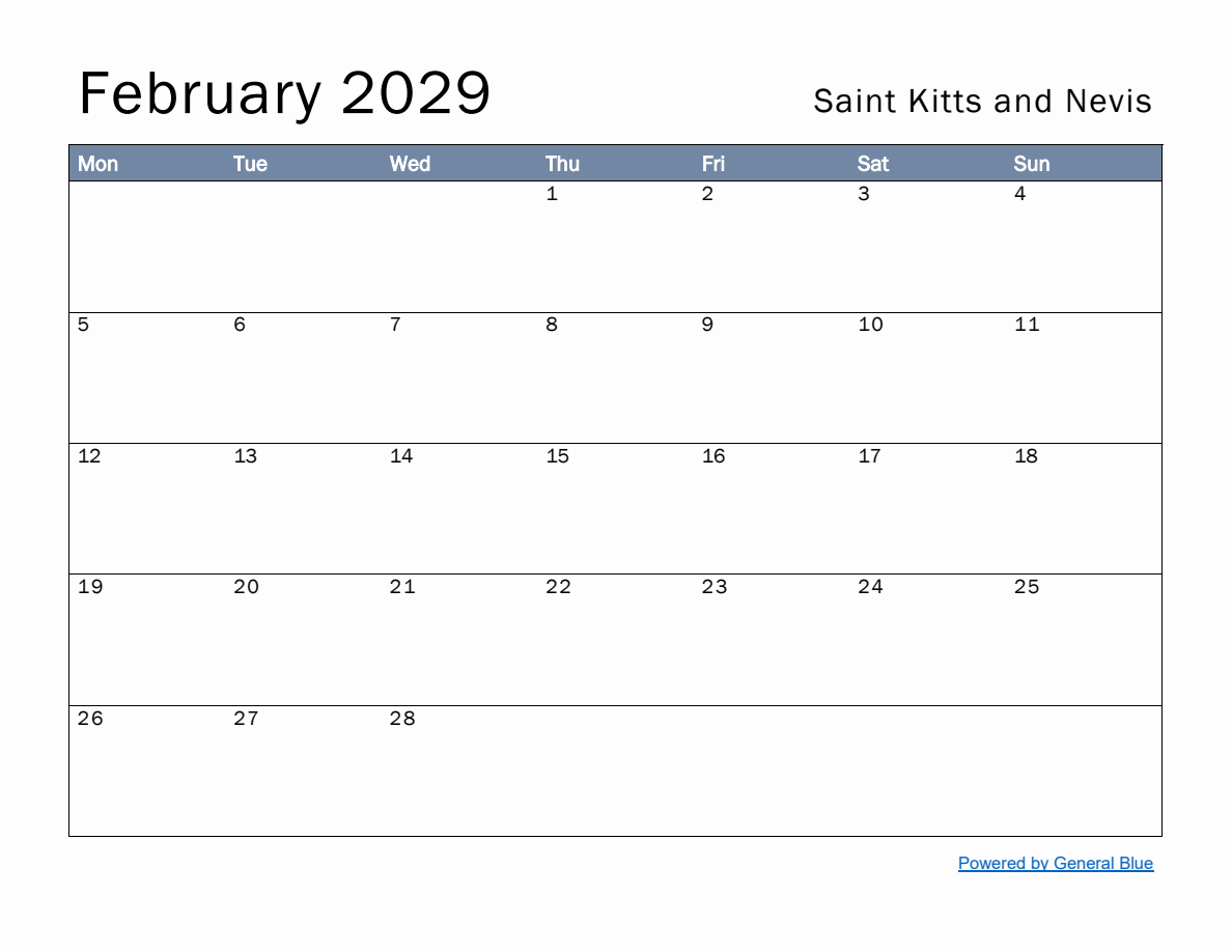 Free Monthly Calendar Template for February 2029 with Saint Kitts and ...
