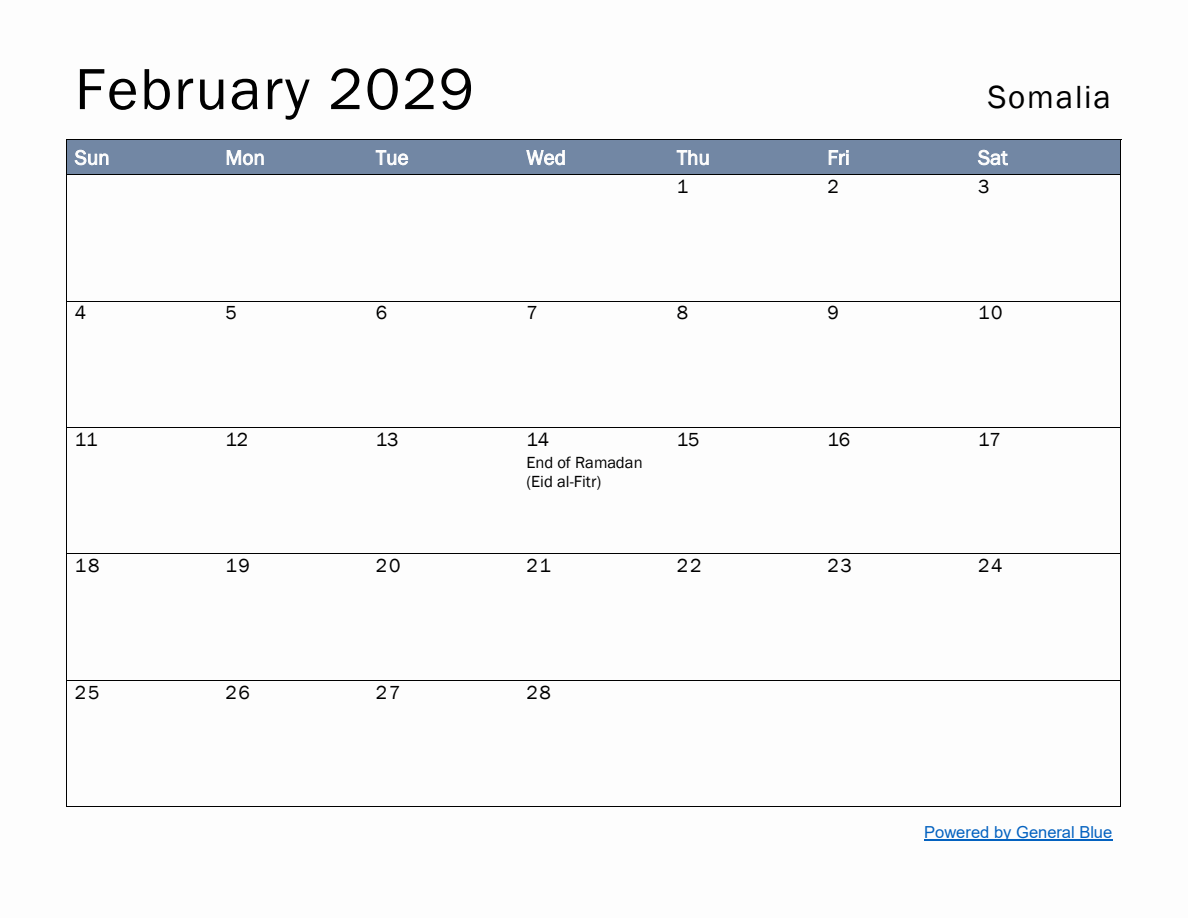 Free Monthly Calendar Template for February 2029 with Somalia Holidays