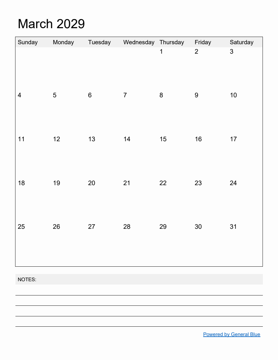 Free Printable Monthly Calendar for March 2029