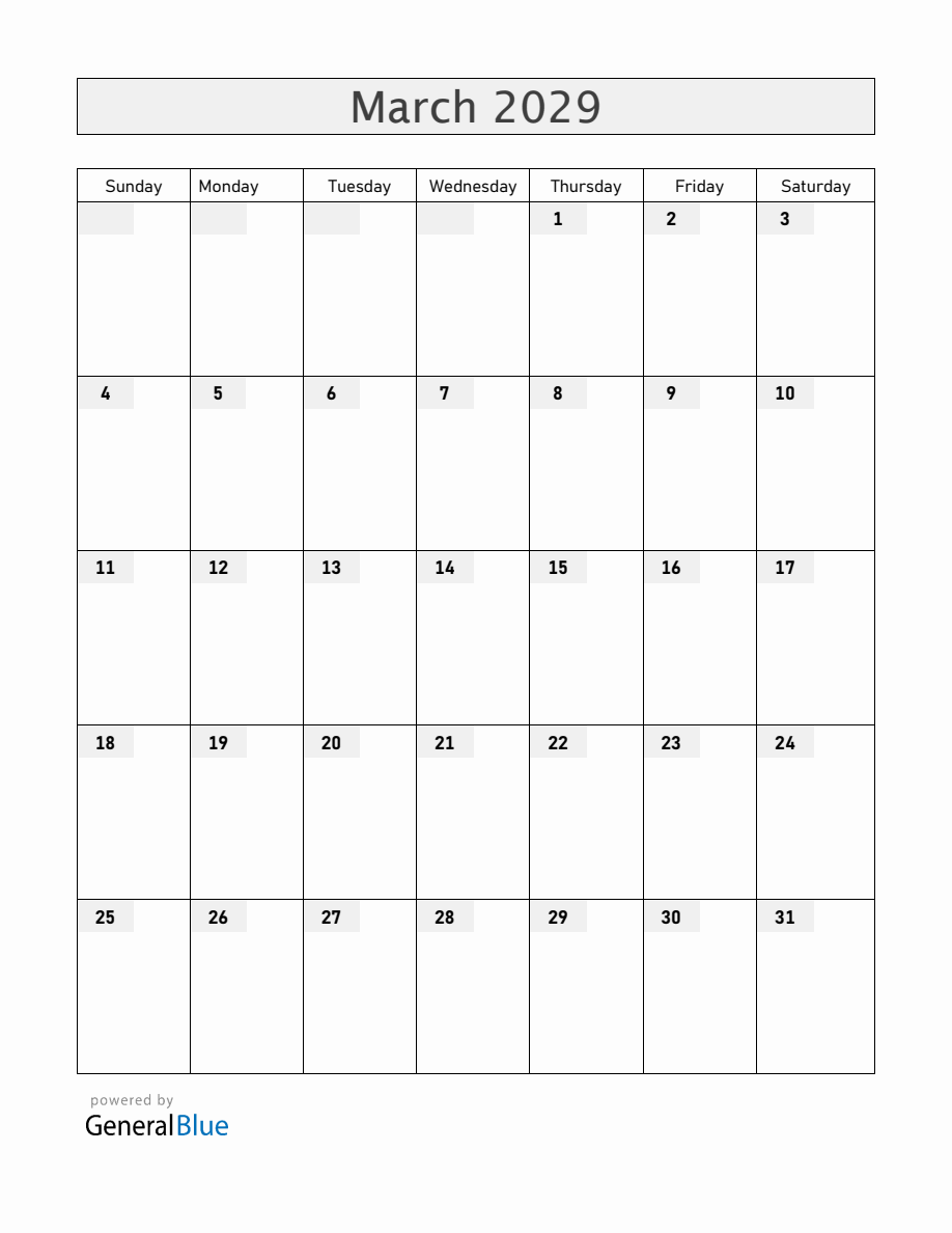 Blank March 2029 Calendar