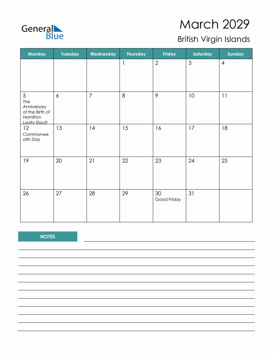 Monthly Planner with British Virgin Islands Holidays - March 2029 ...