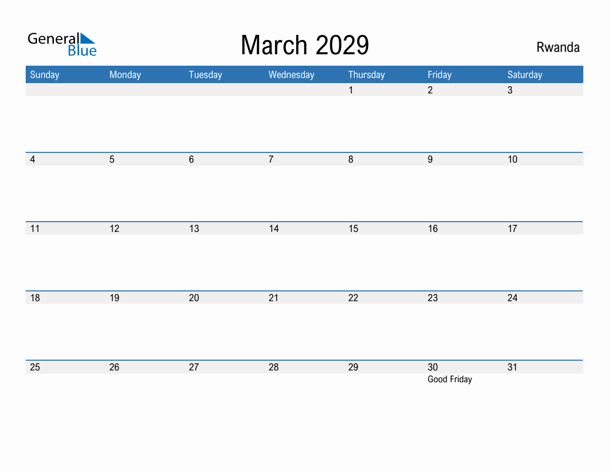 March 2029 Monthly Calendars with Rwanda Holidays