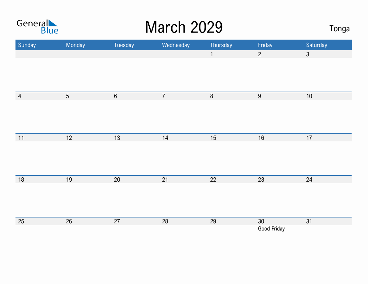 March 2029 Monthly Calendars with Tonga Holidays