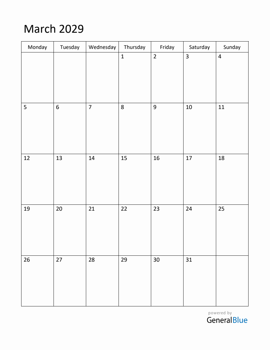 Editable March 2029 Monthly Calendar - Monday Start