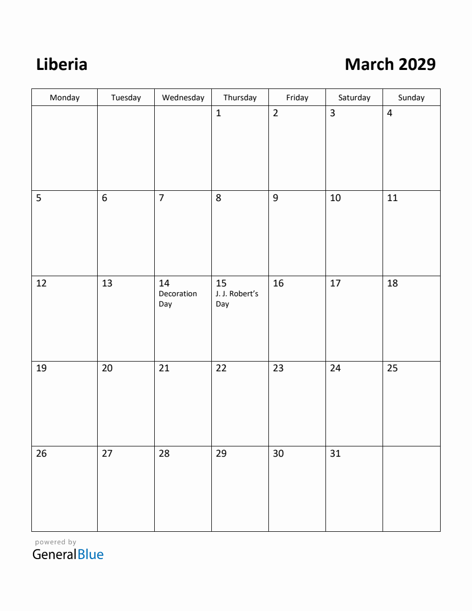 Free Printable March 2029 Calendar for Liberia (Monday Start)