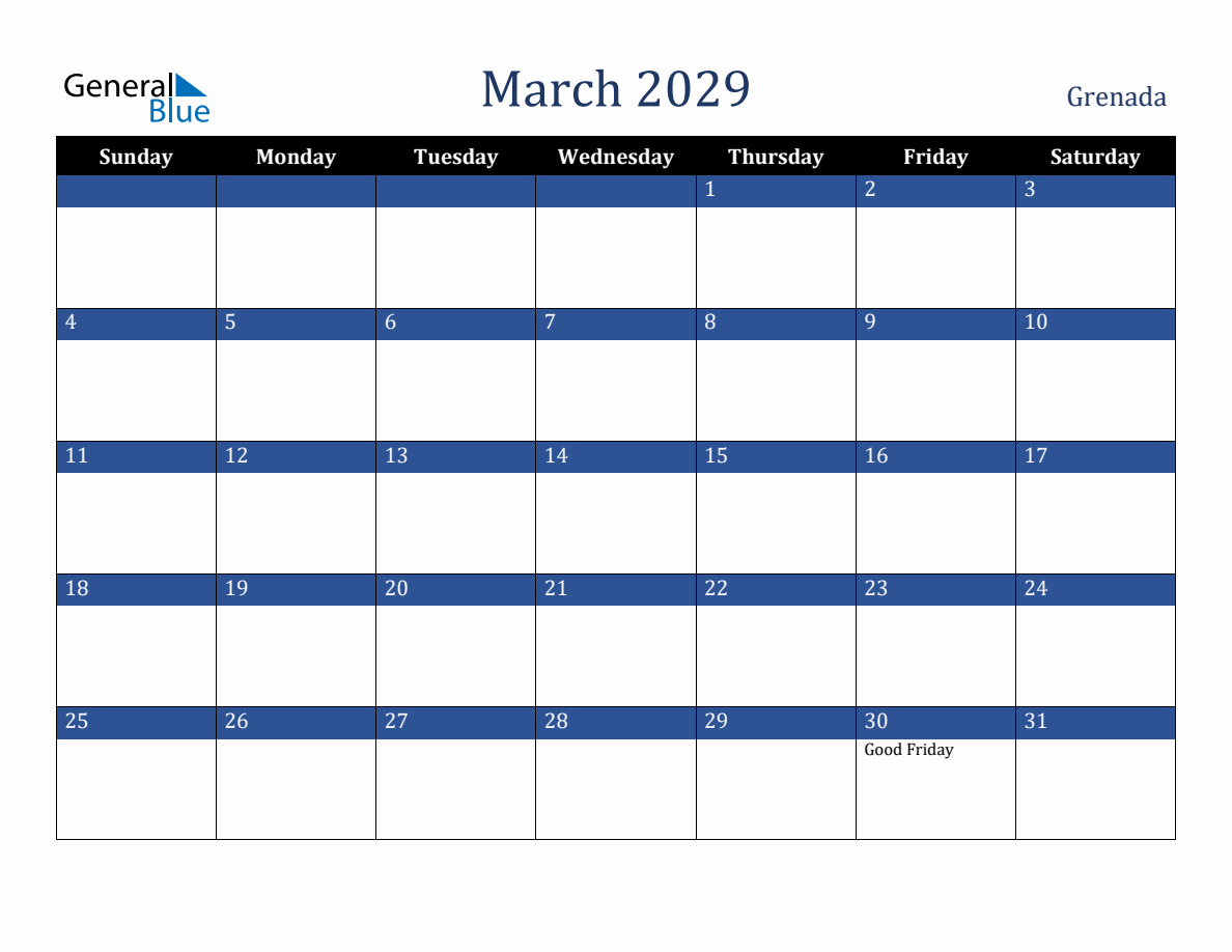 March 2029 Grenada Holiday Calendar