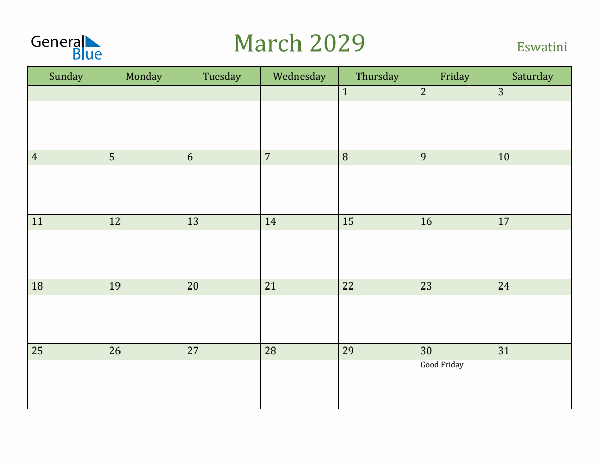 Fillable Holiday Calendar for Eswatini - March 2029