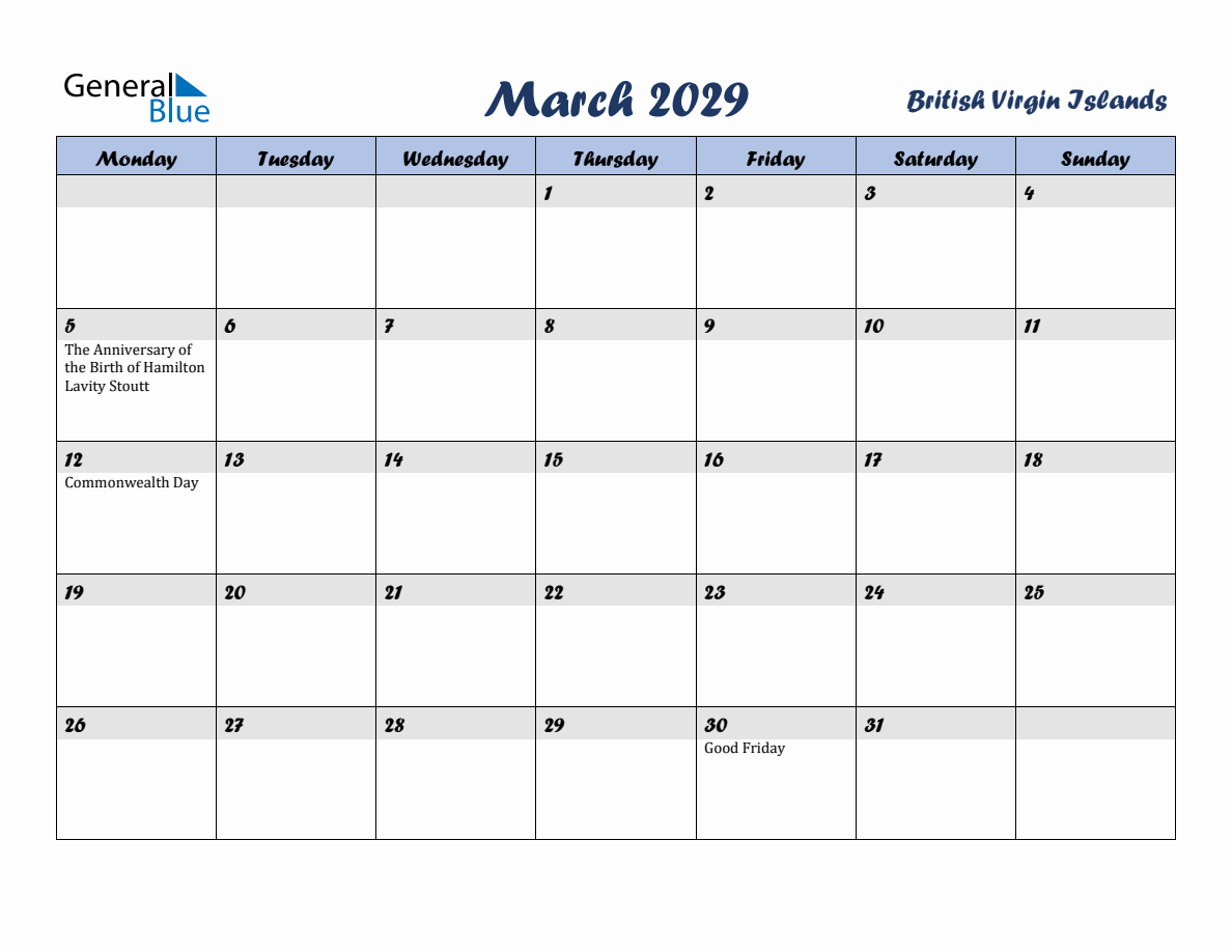 March 2029 Monthly Calendar Template with Holidays for British Virgin ...