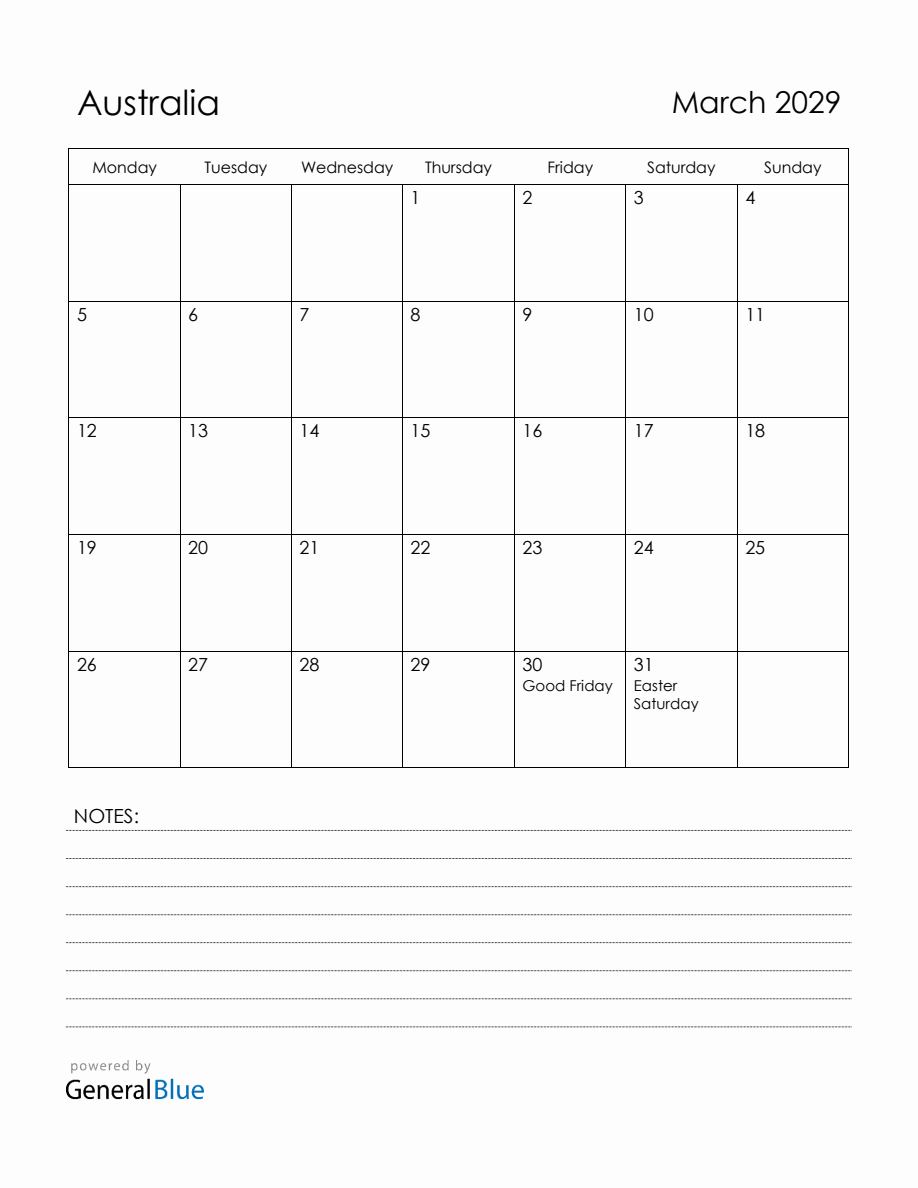 March 2029 Australia Calendar with Holidays (Monday Start)