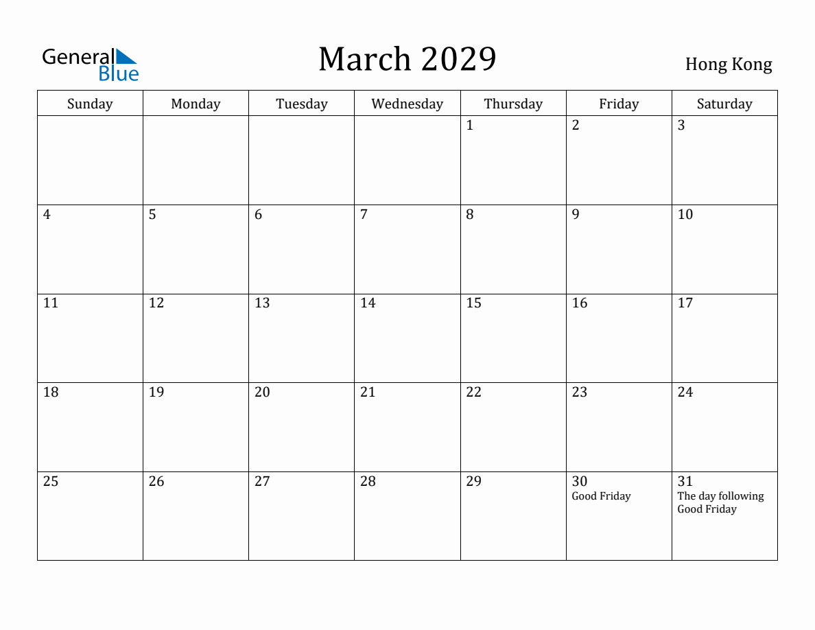 March 2029 Monthly Calendar with Hong Kong Holidays