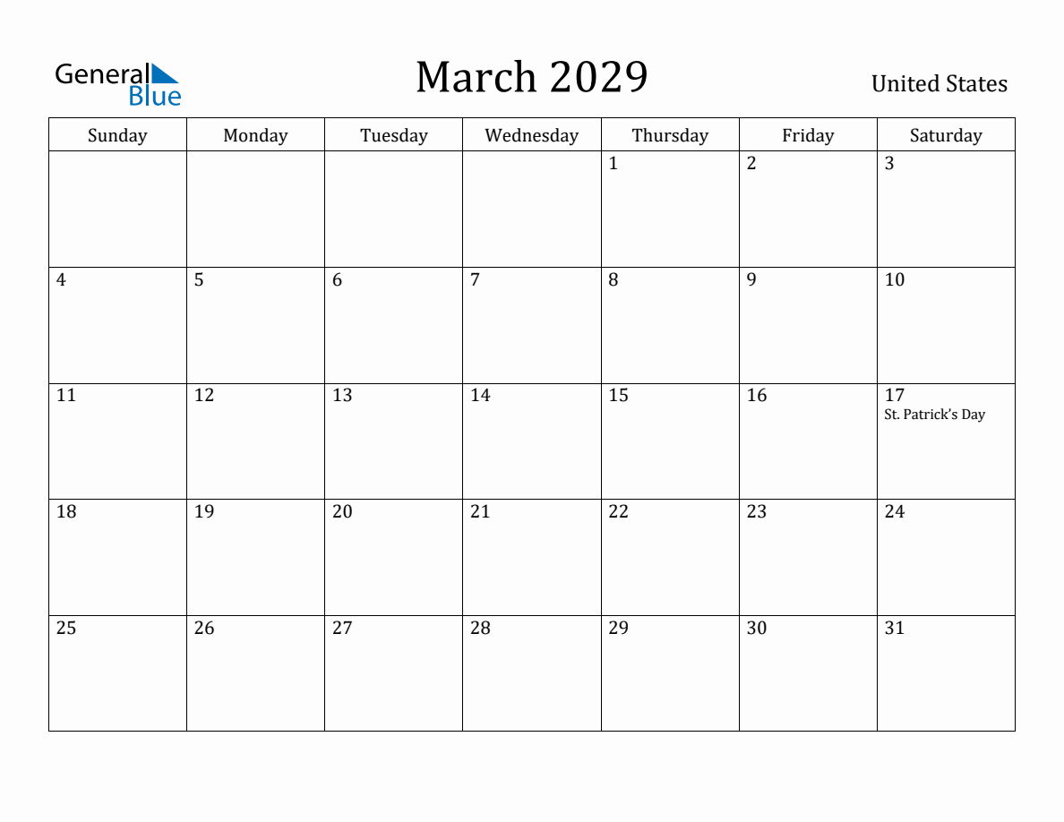 March 2029 Monthly Calendar with United States Holidays