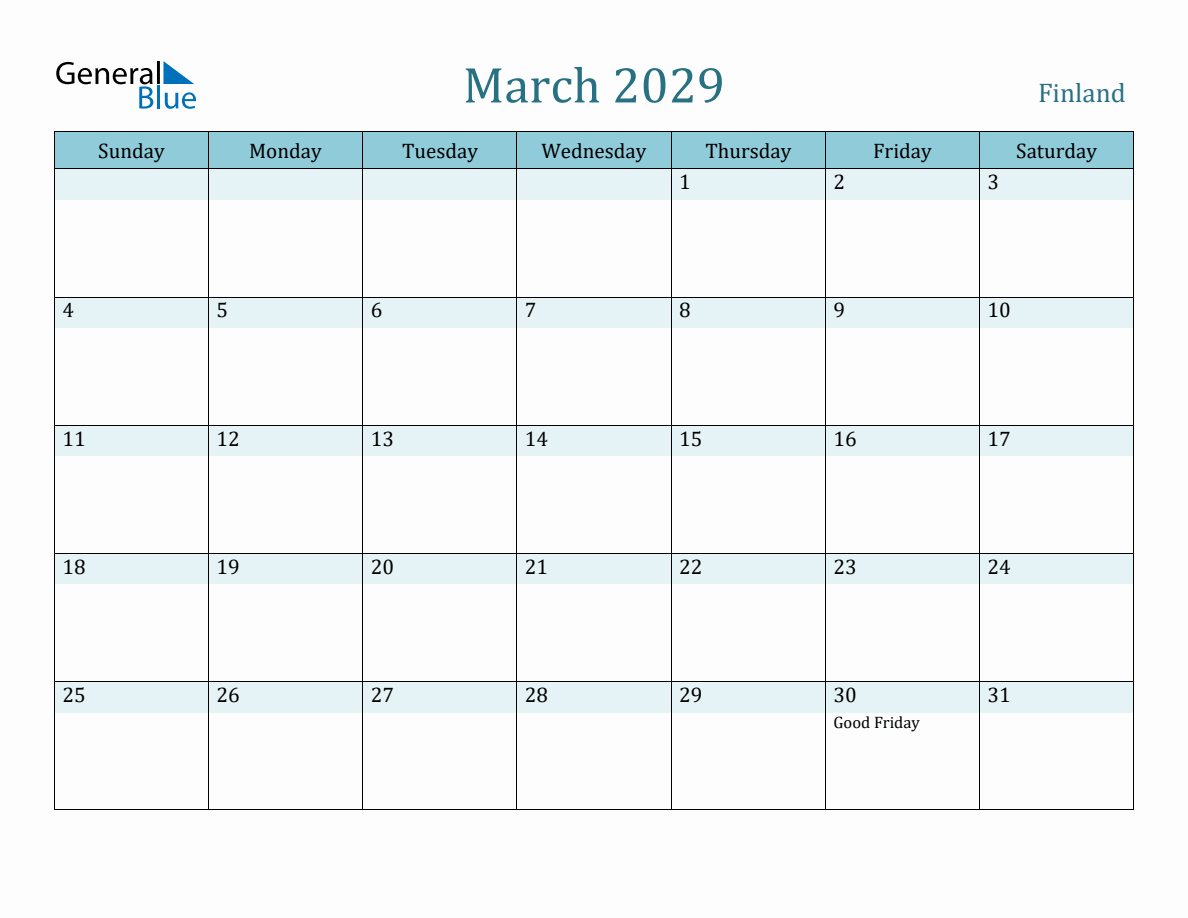 Finland Holiday Calendar for March 2029