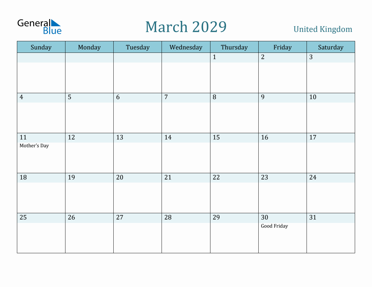 United Kingdom Holiday Calendar for March 2029