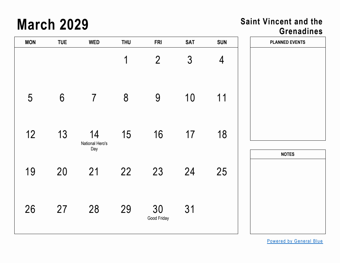 March 2029 Planner with Saint Vincent and the Grenadines Holidays ...