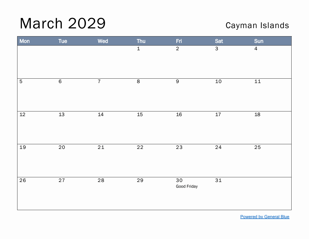 Free Monthly Calendar Template for March 2029 with Cayman Islands ...