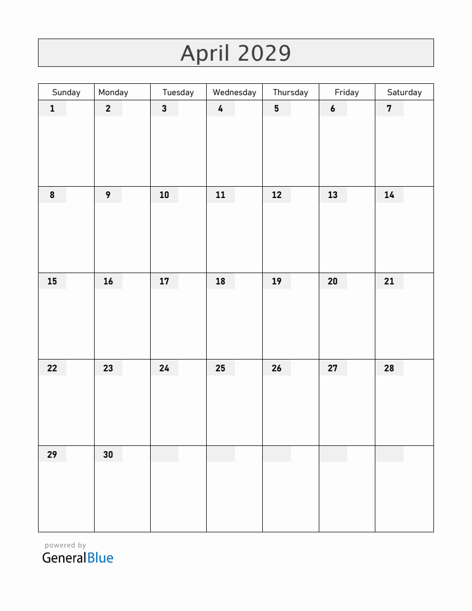 Blank April 2029 Calendar