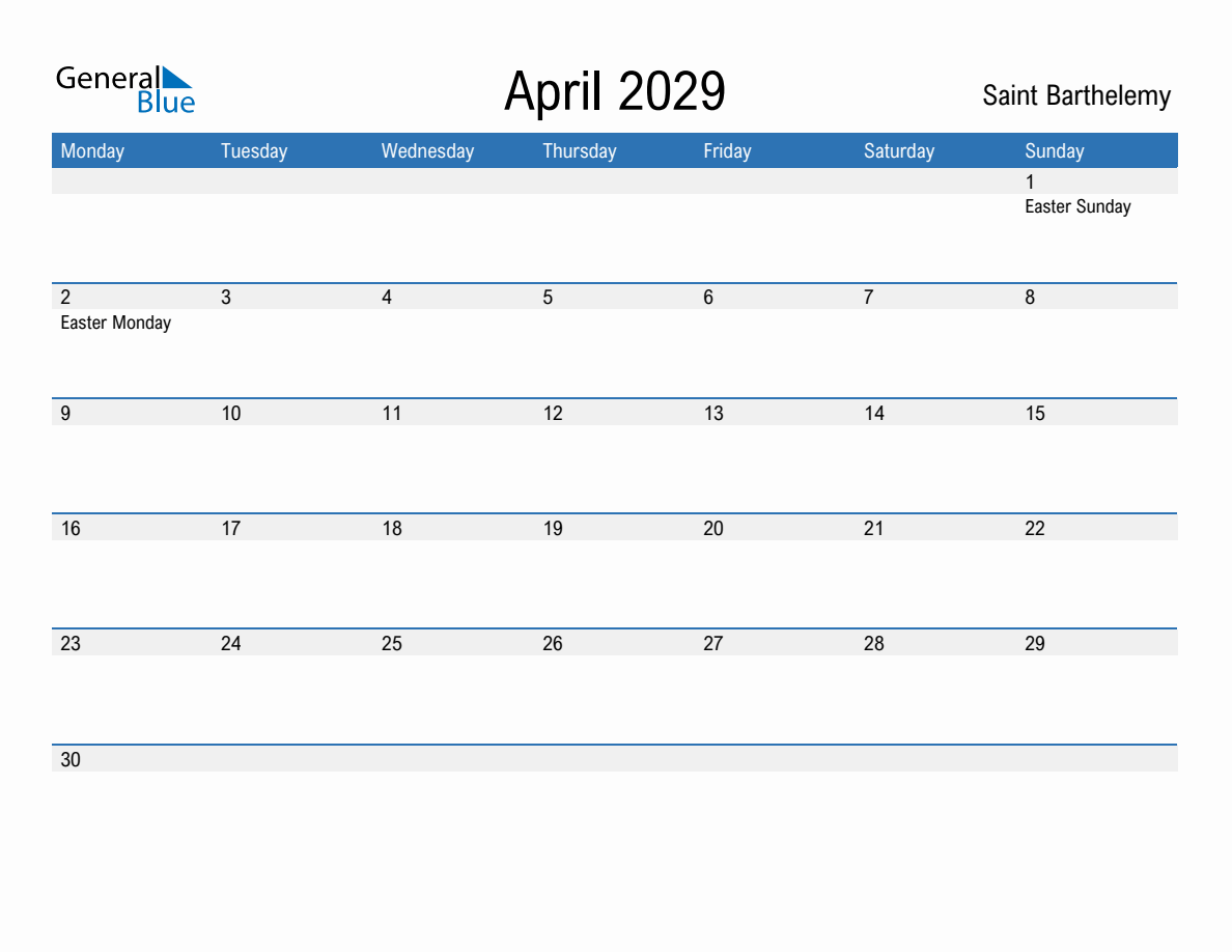 Editable April 2029 Calendar with Saint Barthelemy Holidays