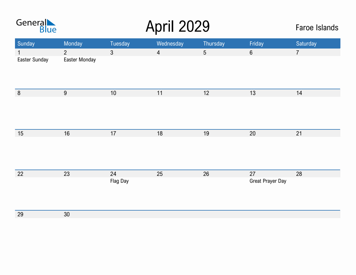 April 2029 Monthly Calendars with Faroe Islands Holidays