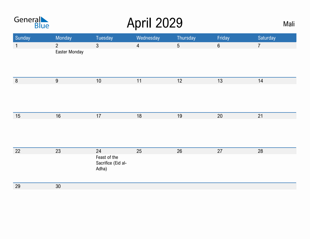 Editable April 2029 Calendar with Mali Holidays