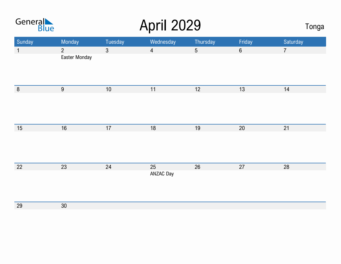 April 2029 Monthly Calendars with Tonga Holidays