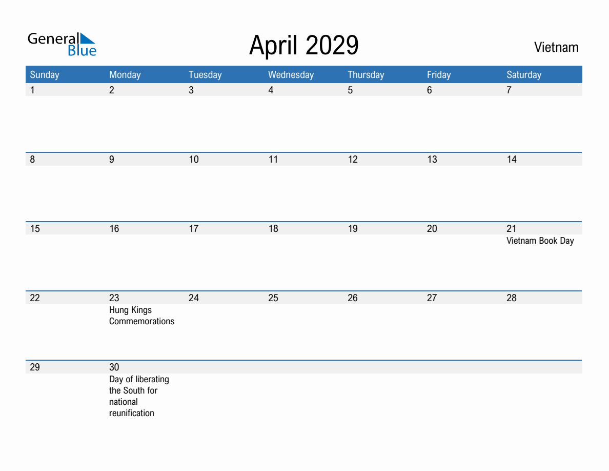 April 2029 Monthly Calendar with Vietnam Holidays
