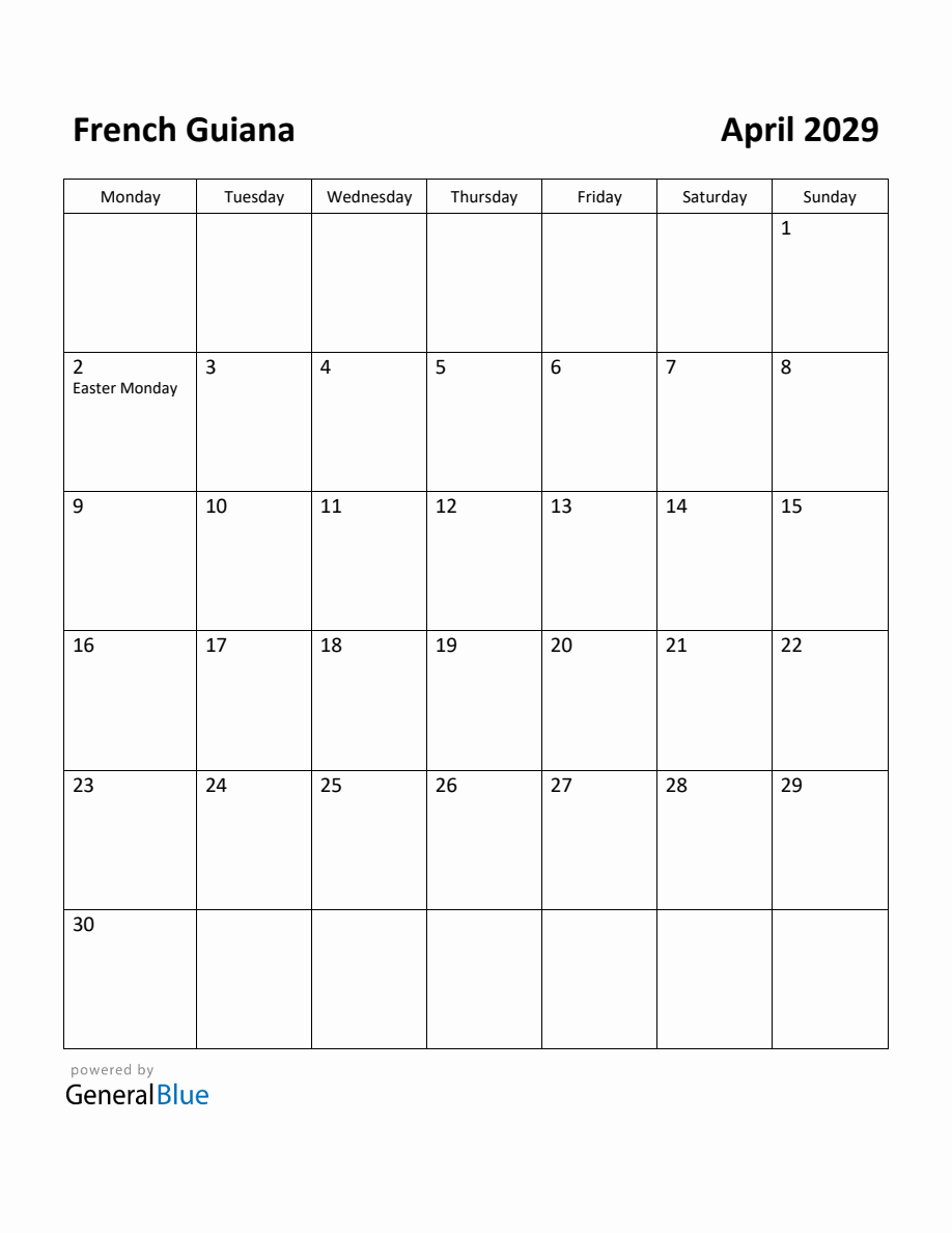 Free Printable April 2029 Calendar for French Guiana