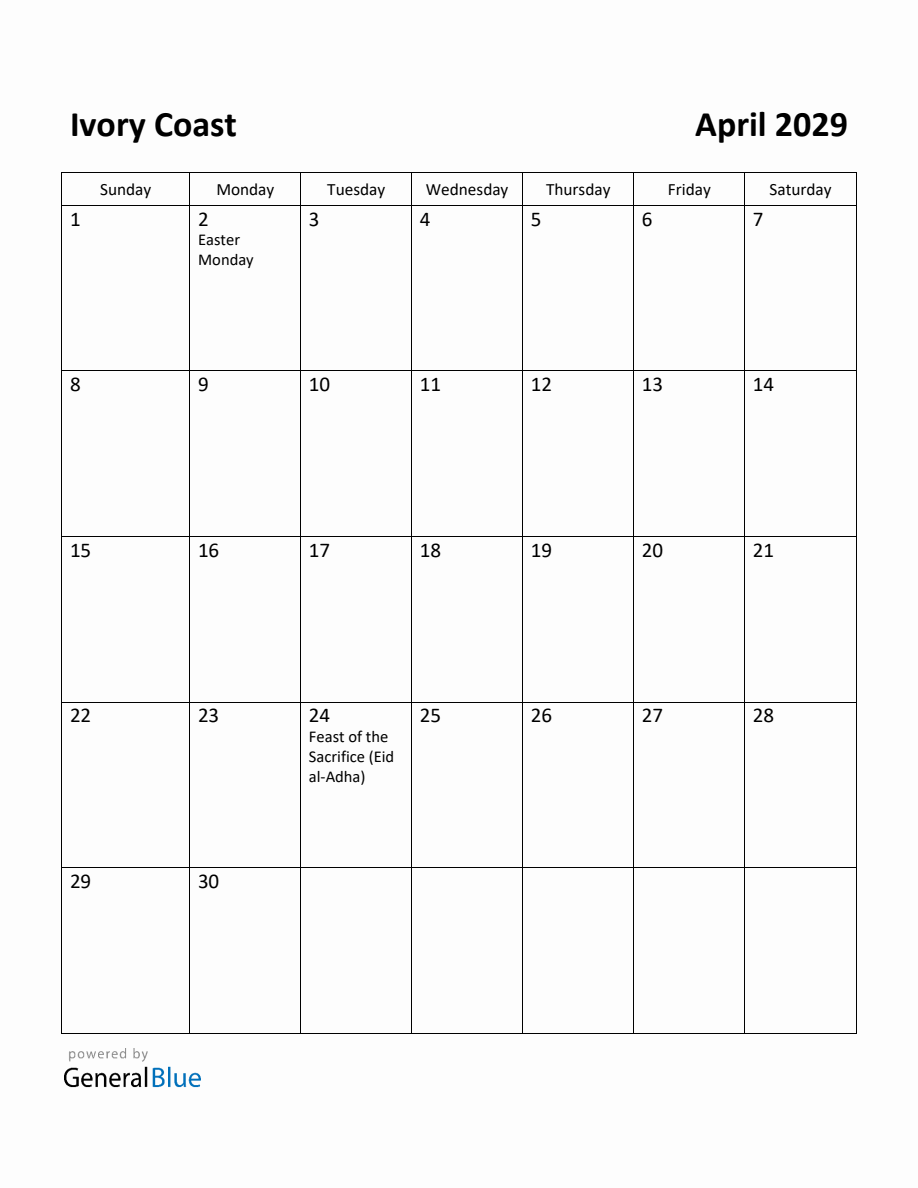 Free Printable April 2029 Calendar for Ivory Coast
