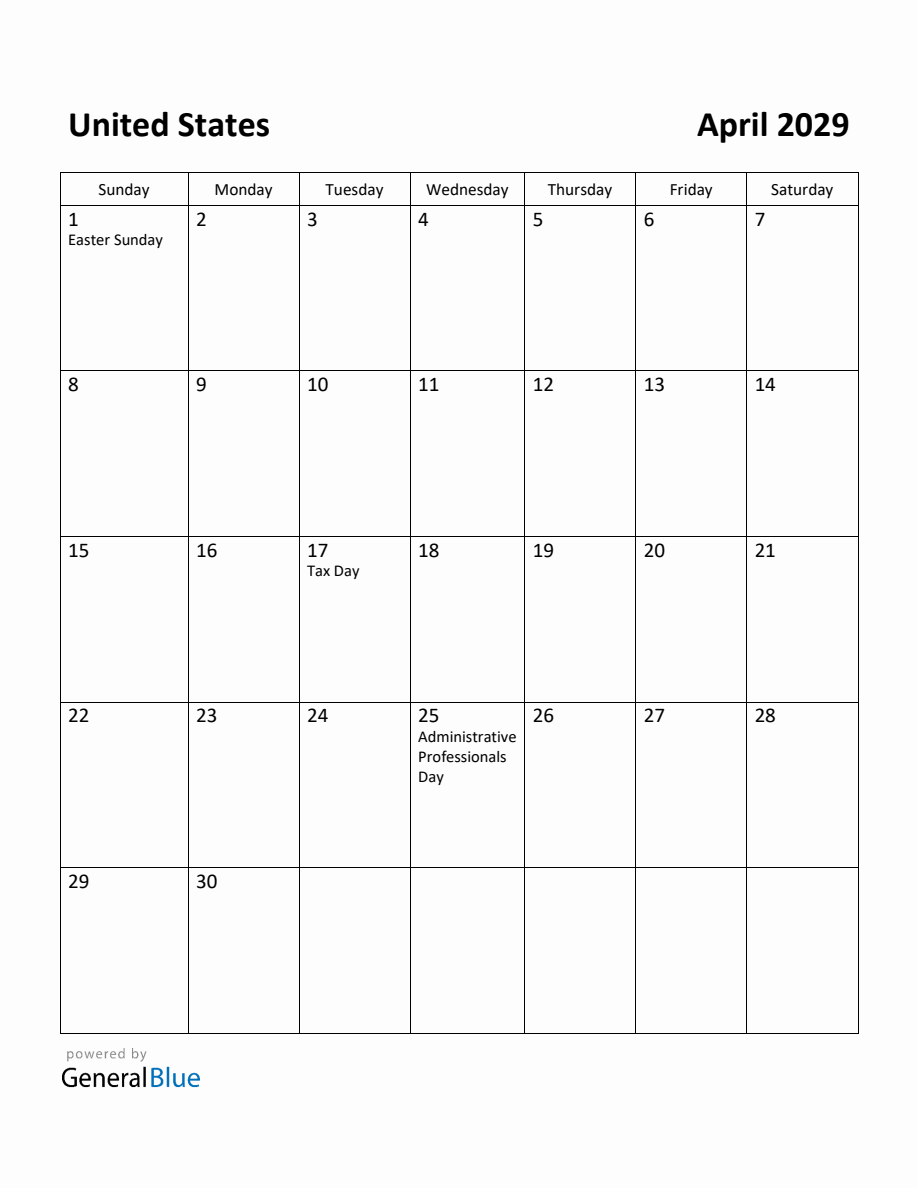 Free Printable April 2029 Calendar for United States