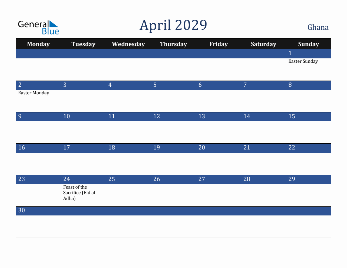 April 2029 Ghana Holiday Calendar (Monday Start)