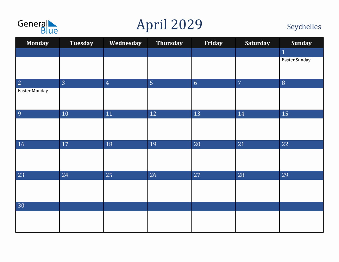 April 2029 Seychelles Holiday Calendar (Monday Start)