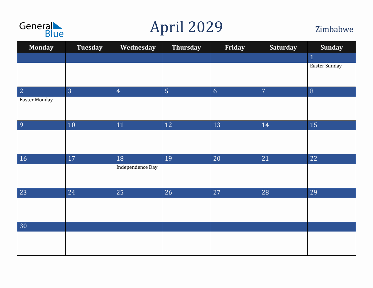 April 2029 Zimbabwe Holiday Calendar