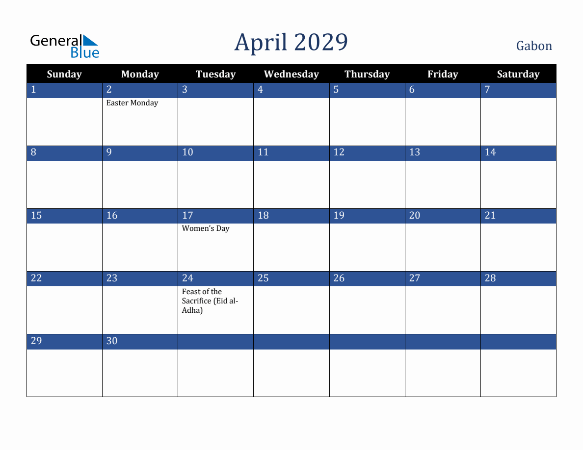 April 2029 Gabon Holiday Calendar