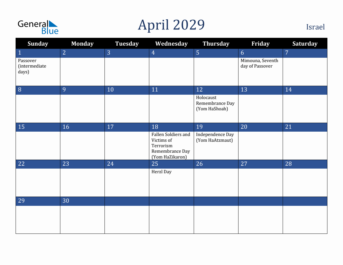 April 2029 Israel Holiday Calendar