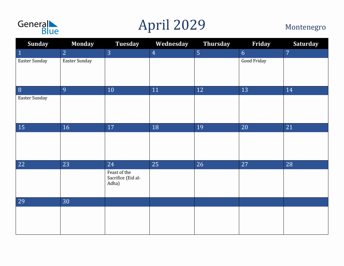 April 2029 Montenegro Holiday Calendar