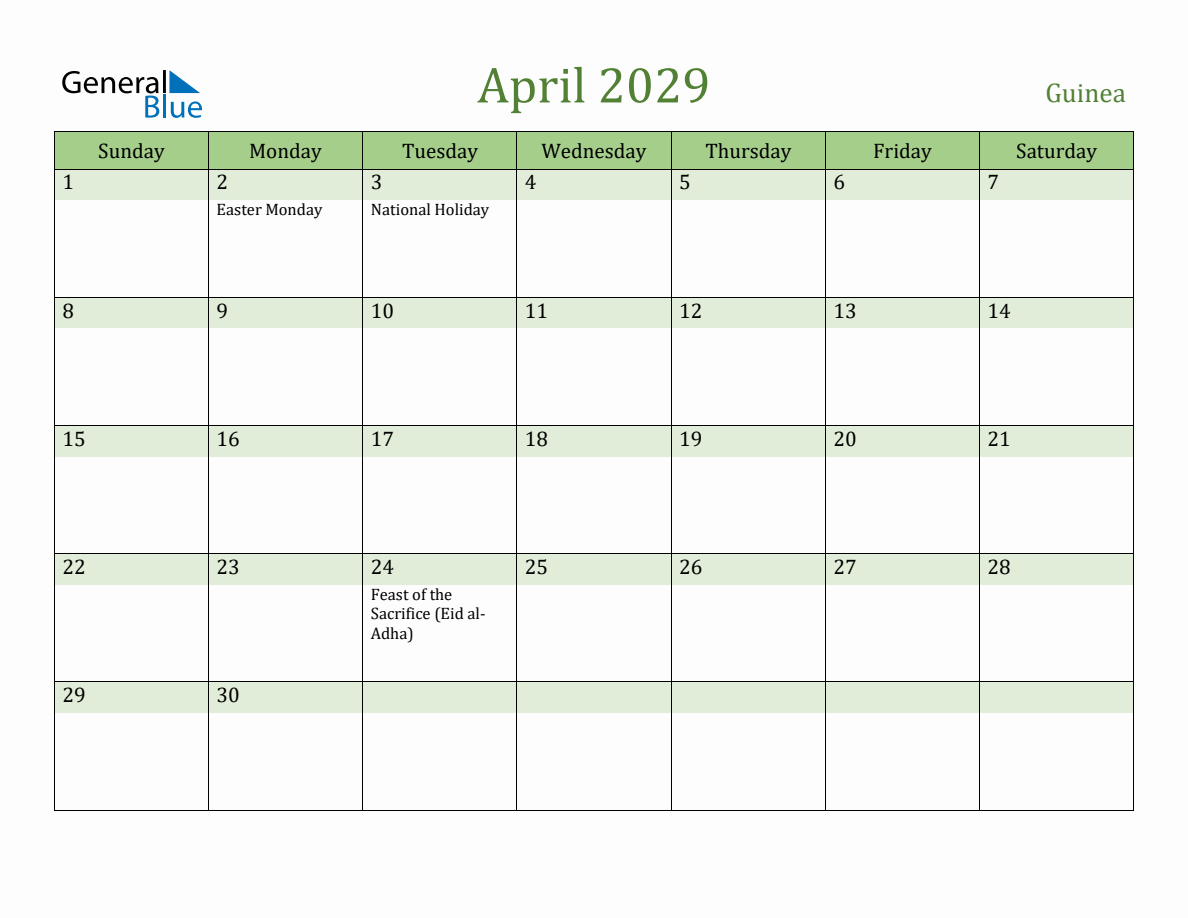 Fillable Holiday Calendar for Guinea - April 2029