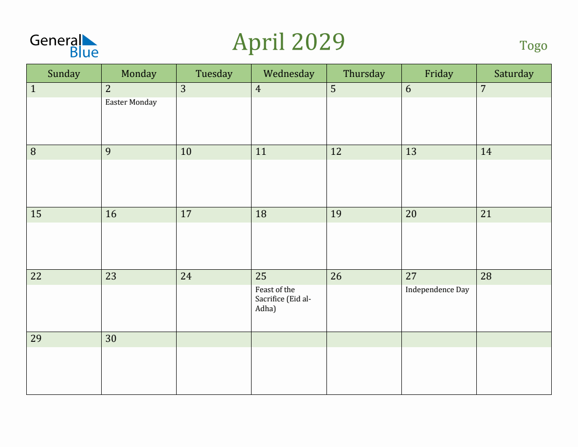Fillable Holiday Calendar for Togo - April 2029