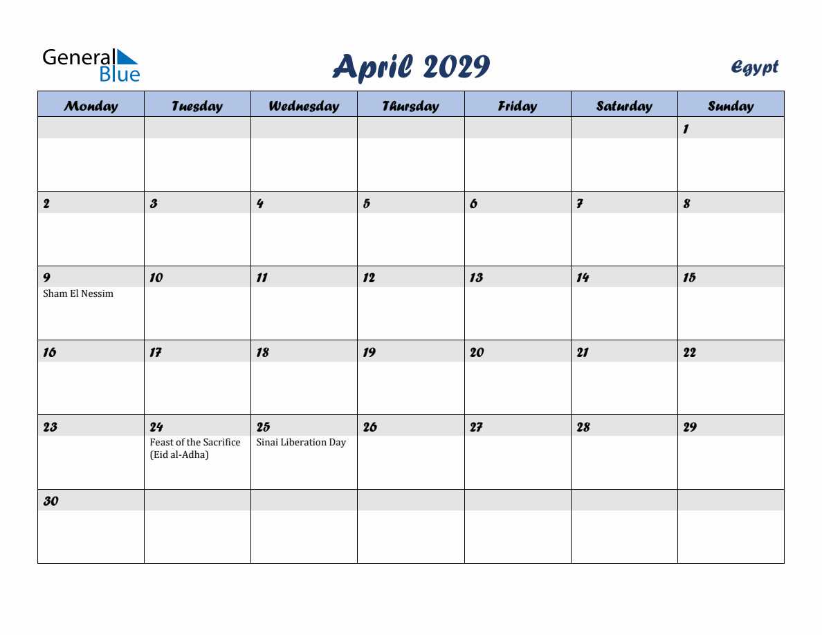 April 2029 Monthly Calendar Template with Holidays for Egypt (Monday Start)